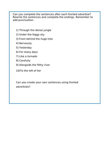 Fronted Adverbials Worksheets Teaching Resources