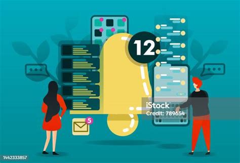 플랫 만화 캐릭터 기술 경고 알림 경고 일정 메시지에 대 한 벡터 그림입니다 차트를 읽고 주목하는 사람들 스마트 폰 앱이있는 큰 종 새로운 채팅 인터페이스 개념에 대한 스톡