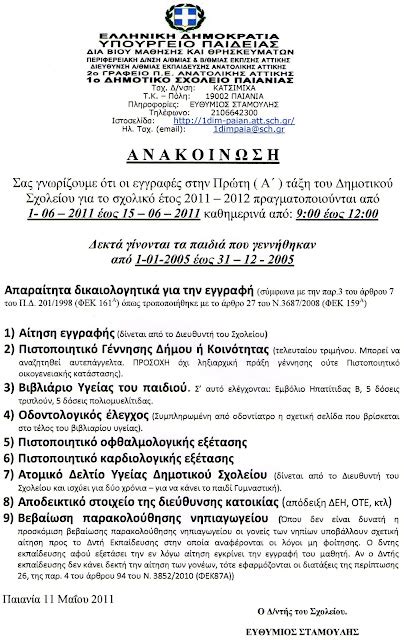 ΣΥΛΛΟΓΟΣ ΓΟΝΕΩΝ ΚΑΙ ΚΗΔΕΜΟΝΩΝ ΤΟΥ 1ου ΔΗΜΟΤΙΚΟΥ ΣΧΟΛΕΙΟΥ ΠΑΙΑΝΙΑΣ ΑΝΑΚΟΙΝΩΣΗ ΓΙΑ ΤΙΣ ΕΓΓΡΑΦΕΣ