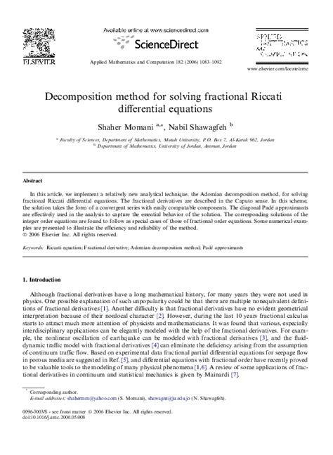 Pdf Decomposition Method For Solving Fractional Riccati Differential Equations