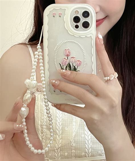 핑크리어카 아이폰 레이스 튤립 러브 화이트 투명 실리콘 젤리 플라워 봄 감성 유니크 선물 우정 스트랩 핸드폰 휴대폰 애플 폰