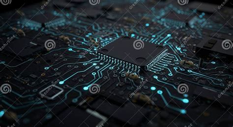 Futuristic Circuit Board With Glowing Microchip And Complex Connections Stock Image Image Of