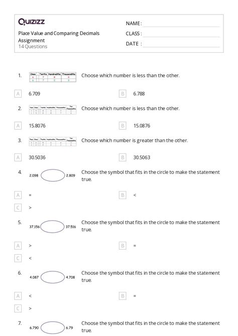 50 Comparing Decimals Worksheets For 7th Class On Quizizz Free And Printable