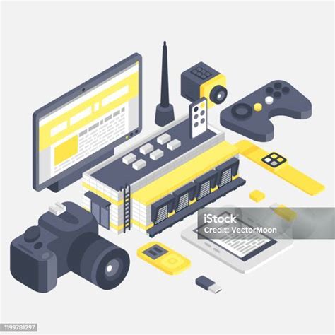 다른 기술 배너 벡터 일러스트와 아이소 메트릭 건물 사진 카메라 컴퓨터 전자 책 전자 시계 음악 플레이어 조이스틱 플래시 드라이브와 같은 가제트 3차원 형태에 대한 스톡