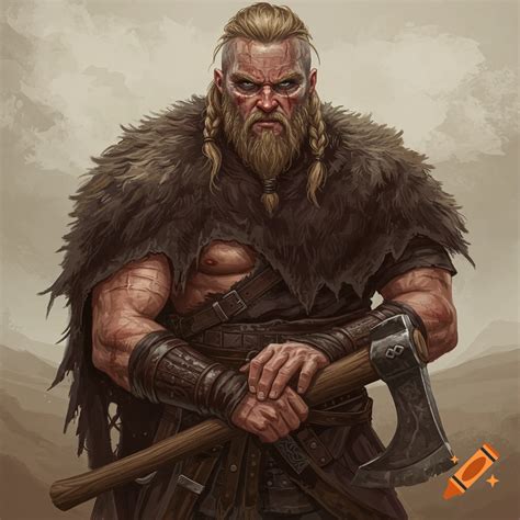 A Rugged Viking Man With Braids And Scars Wearing Fur And Holding A