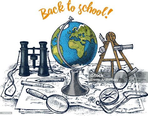 학교 포스터로 돌아가기 웹에 대한 지리 배너 글로브 쌍안경 및 지도 엠블럼 라벨 또는 배지에 대한 빈티지 윤곽 스케치 낙서 손으로 그려진 배경입니다 교육 개념 0명에 대한