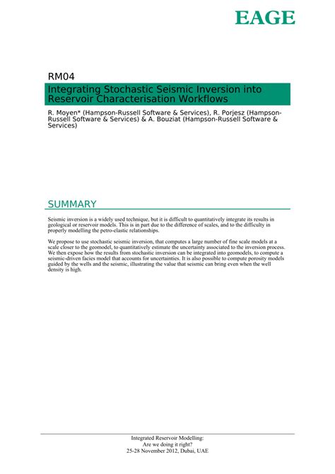 Pdf Integrating Stochastic Seismic Inversion Into Reservoir Characterisation Workflows