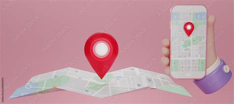 Red Pin Checking And Map Application Floating On Pink Background With Smartphone Mobile Phone