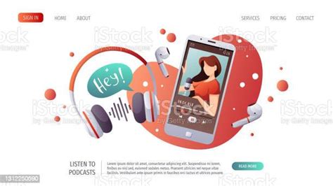 팟 캐스트와 헤드폰을 녹음 하는 여자와 스마트폰 스트리밍 블로깅 팟 캐스트 라디오 방송 팟 캐스트 응용 프로그램 개념 개념에 대한 스톡 벡터 아트 및 기타 이미지 Istock