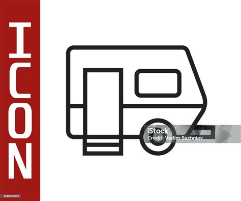흰색 배경에 격리 된 블랙 라인 Rv 캠핑 트레일러 아이콘 여행 모바일 홈 캐러밴 여행을위한 홈 캠핑 벡터 검은색에 대한 스톡 벡터 아트 및 기타 이미지 Istock