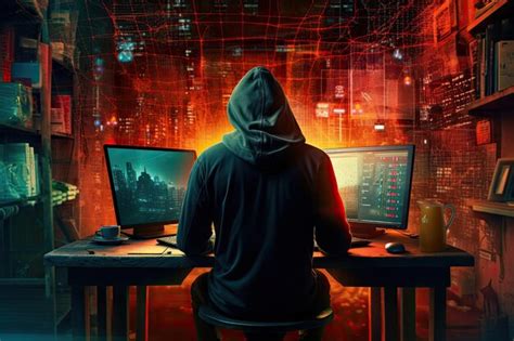 Premium Ai Image Hacker In Hoodie Sitting At Desk With Computer In