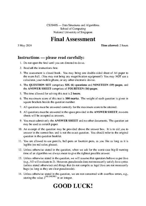 Final Exam Cs2040s Data Structures And Algorithms Practice Materials