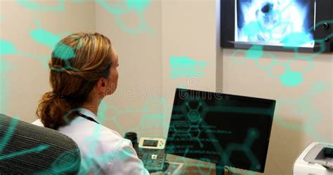 Image Of Scientific Data Processing Over Back Of Caucasian Female Lab