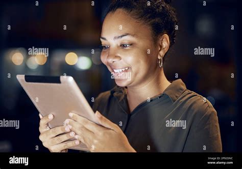 Tablet Night And Business Woman Reading Online Data Analysis Feedback Report Or Customer