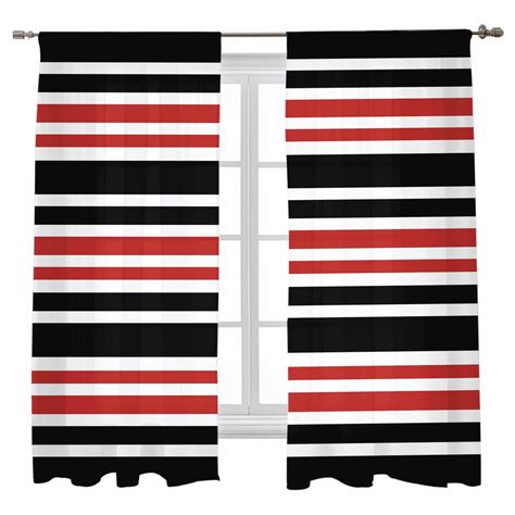 Sheer Curtains 72 Inches Long Red And Black Stripe Abstract Minimalist