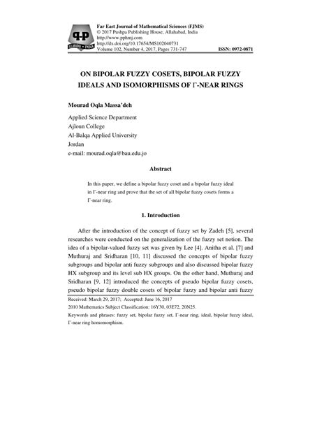 Pdf On Bipolar Fuzzy Cosets Bipolar Fuzzy Ideals And Isomorphisms Of Γ Near Rings