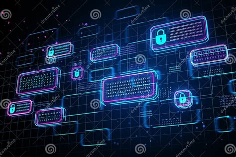 Digital Locks And Binary Code On A Futuristic Grid Backdrop 3d Rendering Stock Illustration