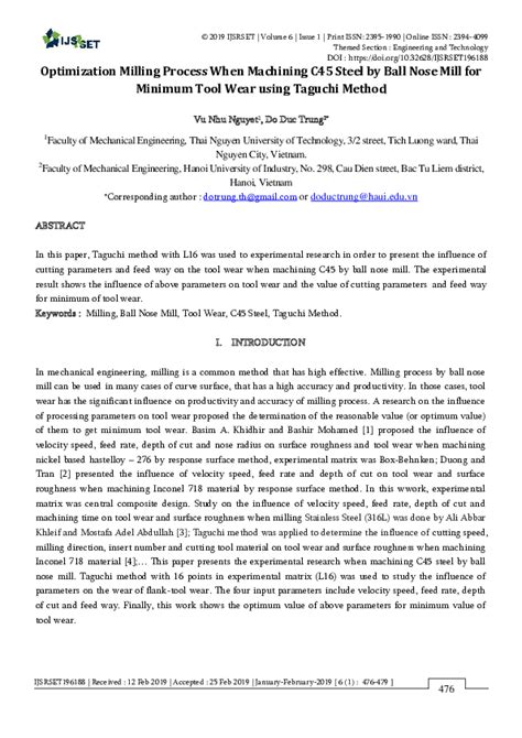 Pdf Optimization Milling Process When Machining C45 Steel By Ball
