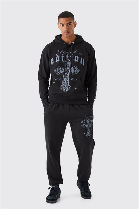 Oversized Gothic Print Hooded Tracksuit Boohoo Uk