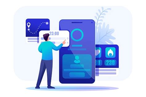 젊은 남자는 피트니스 팔찌 관리 앱 헤더 개념으로 작업하고 있습니다 플랫 2d 문자입니다 웹 디자인에 대한 개념 개발에 대한 스톡 벡터 아트 및 기타 이미지 Istock