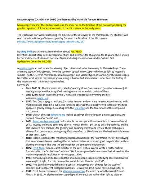 Microscopy Timeline Self Reading Comprehension Pdf Microscope Electron Microscope