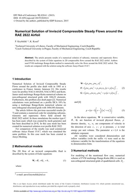 Pdf Numerical Solution Of Inviscid Compressible Steady Flows Around The Rae 2822 Airfoil