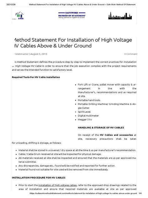 Method Statement For Installation Of High Voltage Hv Cables Above