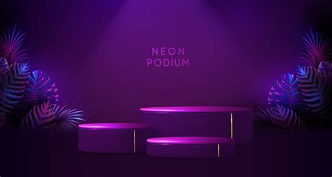 형광 네온 쇼케이스 배경에는 3d 연단과 열대 나뭇잎이 있습니다 여름 자연 개념입니다 벡터 그림 3차원 형태에 대한 스톡 벡터 아트 및 기타 이미지 Istock