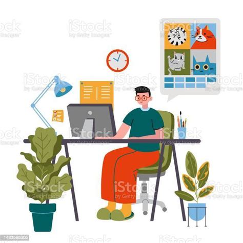 남자는 Ai 서비스를 사용하여 컴퓨터에서 고양이의 이미지 만화 스타일을 생성합니다 신경망 인공 지능 개념 트렌디한 현대 벡터 일러스트레이션은 흰색 평면에 분리되어 있다 가상