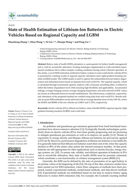 Pdf State Of Health Estimation Of Lithium Ion Batteries In Electric Vehicles Based On Regional