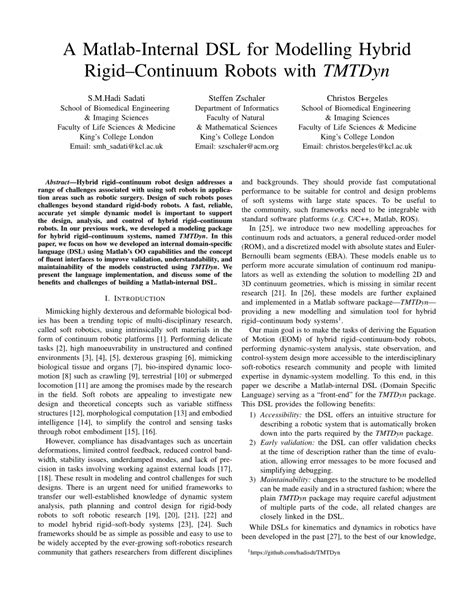 Pdf A Matlab Internal Dsl For Modelling Hybrid Rigid Continuum Robots With Tmtdyn