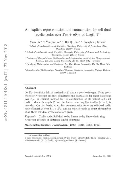 Pdf An Explicit Representation And Enumeration For Self Dual Cyclic Codes Over Mathbb{f} {2