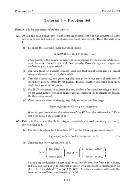Tut Ps Tutorial Econometrics Tutorial PS Tutorial Problem Set Part A To Be