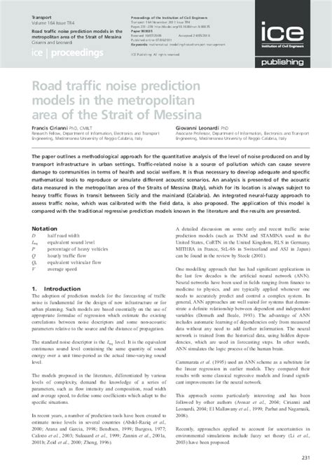 Pdf Road Traffic Noise Prediction Models In The Metropolitan Area Of The Strait Of Messina