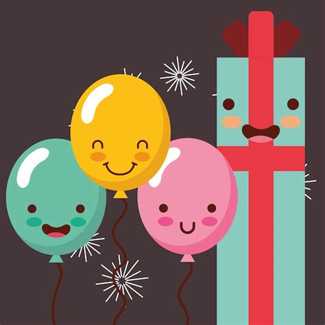 Premium Vector Kawaii Gift Box Cartoon And Balloons Light Decoration