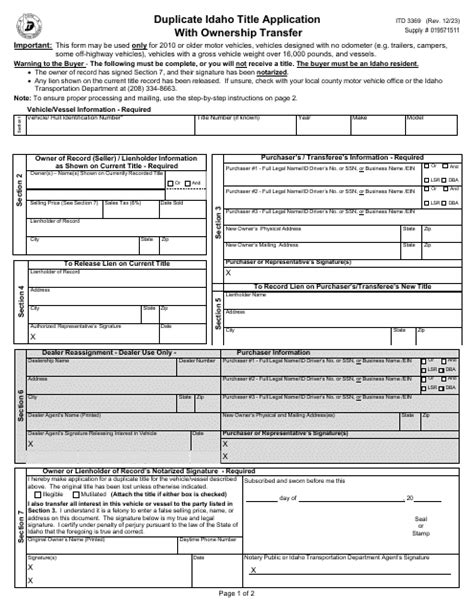 Form Itd3369 Download Fillable Pdf Or Fill Online Duplicate Idaho Title Application With
