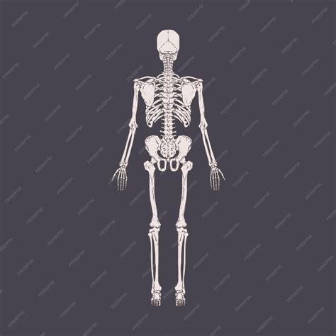 뼈 갈비뼈 골반 척추 두개골이 있는 인간 골격의 뒷모습 전체 길이 신체 구조 X 레이 해부학 도면 격리된 Xray