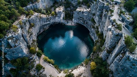 Aerial View Of Karst Sinkhole Lake With Cliffs And Reflections For