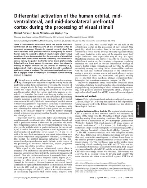 Pdf Differential Activation Of The Human Orbital Mid Ventrolateral And Mid Dorsolateral