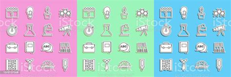 세트 라인 마커 펜 사무실 폴더 망원경 냄비에 식물 테스트 튜브와 플라스크 스톱 워치 달력 첫 9 월 날짜와 테이블 램프 아이콘