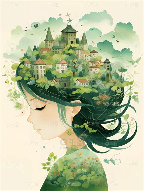 插画ai数字艺术 春天风景和女孩头像剪影的插画 Ai平面元素免费下载png格式2784像素编号69570606 千图网