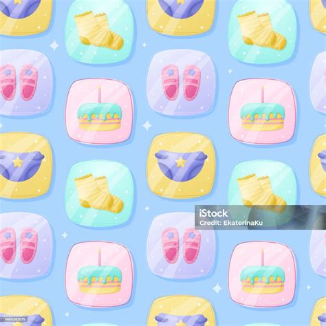 아기 옷과 액세서리 기저귀 양말 신발 및 생일 케이크 벡터 만화 원활한 패턴의 아이콘 0명에 대한 스톡 벡터 아트 및 기타 이미지 Istock