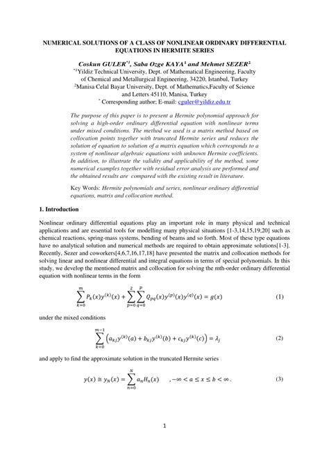 Pdf Numerical Solutions Of A Class Of Nonlinear Ordinary Differential Equations In Hermite Series