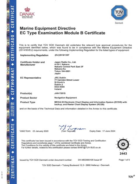 Ecdis Jrc Jan 7201s Med B Cert 23 1 2020 Pdf Regulation