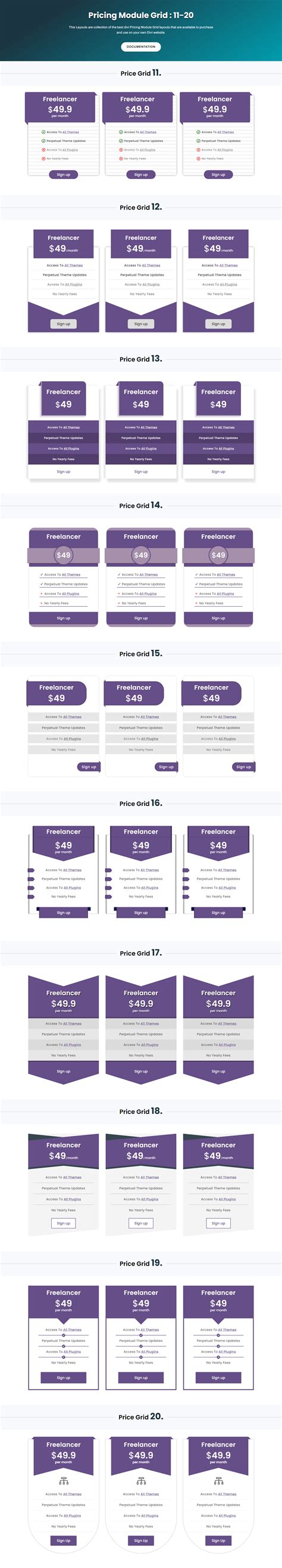Divi Pricing Tables Module Grid Layout Pack