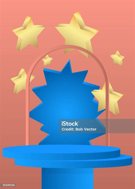 추상적인 밝은 빨강 금색 및 파란색 모형 제품 디스플레이 프리젠테이션을 위한 벡터 실린더 받침대 연단 최소한의 기하학적 무대