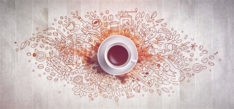 나무 배경에 커피 개념 흰색 커피 컵 커피 콩 아침 카페에서 에스프레소 아침 식사에 대한 낙서 그림상단 아침 커피 일러스트 핸드