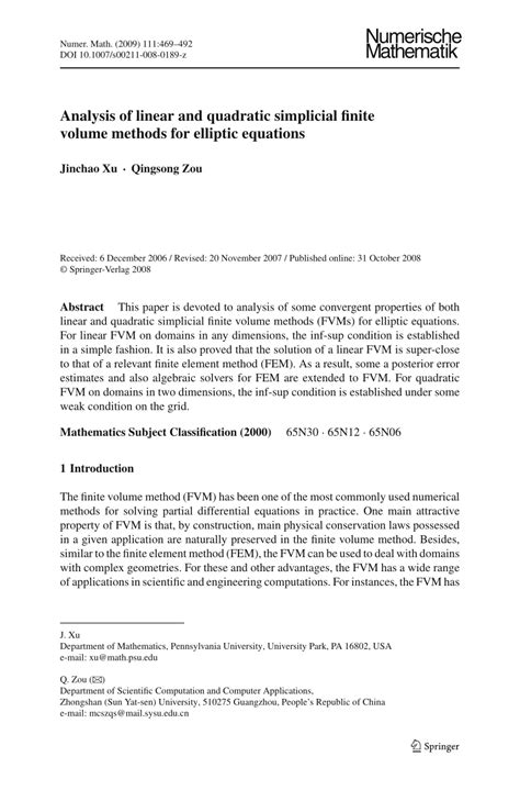 Pdf Analysis Of Linear And Quadratic Finite Volume Methods For Elliptic Equatiosns