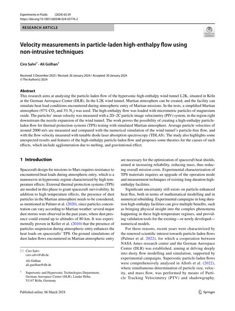 Pdf Velocity Measurements In Particle Laden High Enthalpy Flow Using Non Intrusive Techniques