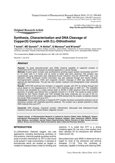 Pdf Synthesis Characterization And Dna Cleavage Of Copperii Complex With Dl Dithiothreitol